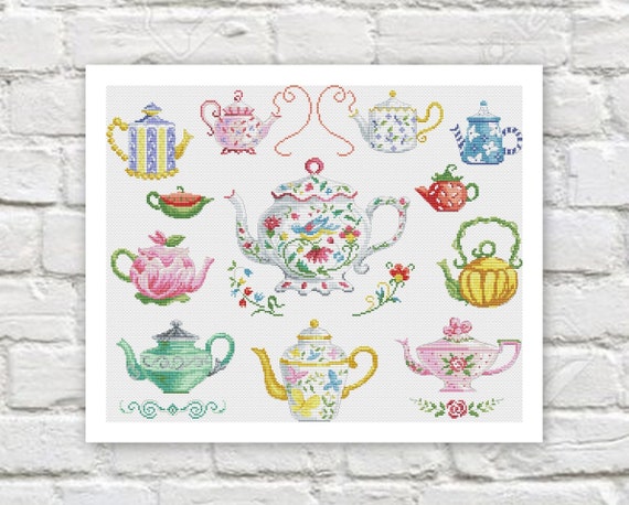 Teapots Cross Stitch Pattern Colorful Art DIY X-stitch Chart | Etsy
