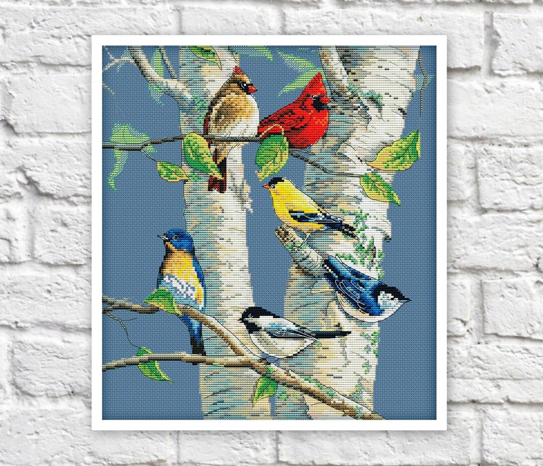 Birds on Branch Cross Stitch Pattern Colorful Art DIY X-stitch ...