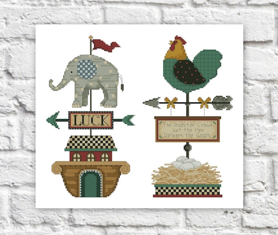 Elephant Rooster Cross Stitch Pattern Colorful Art DIY | Etsy