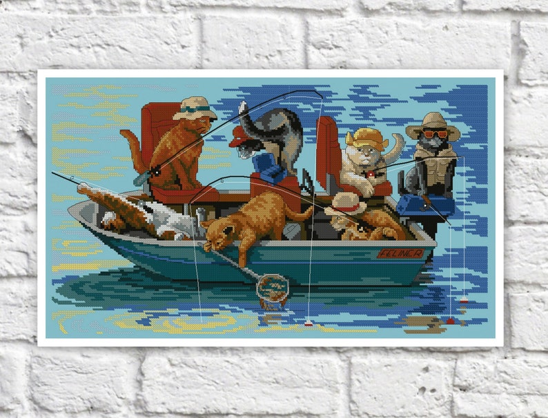 Cats Cross Stitch Pattern Fishing Colorful Art DIY X-stitch Chart ...