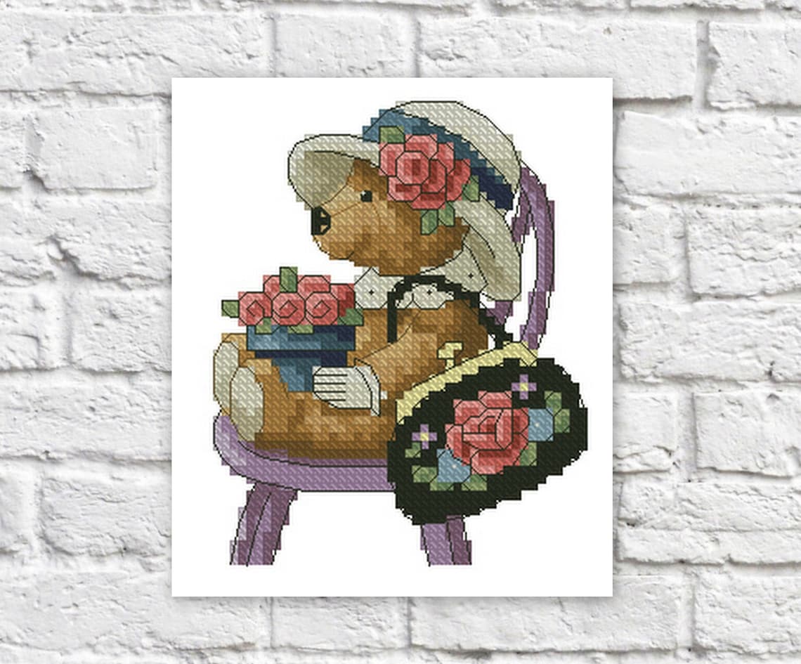 Vintage Teddy Cross Stitch Pattern Colorful Art DIY X-stitch | Etsy