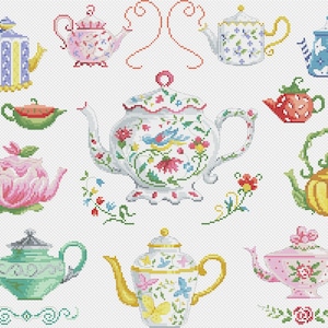 Teapots Cross Stitch Pattern Colorful Art DIY X-stitch Chart ...