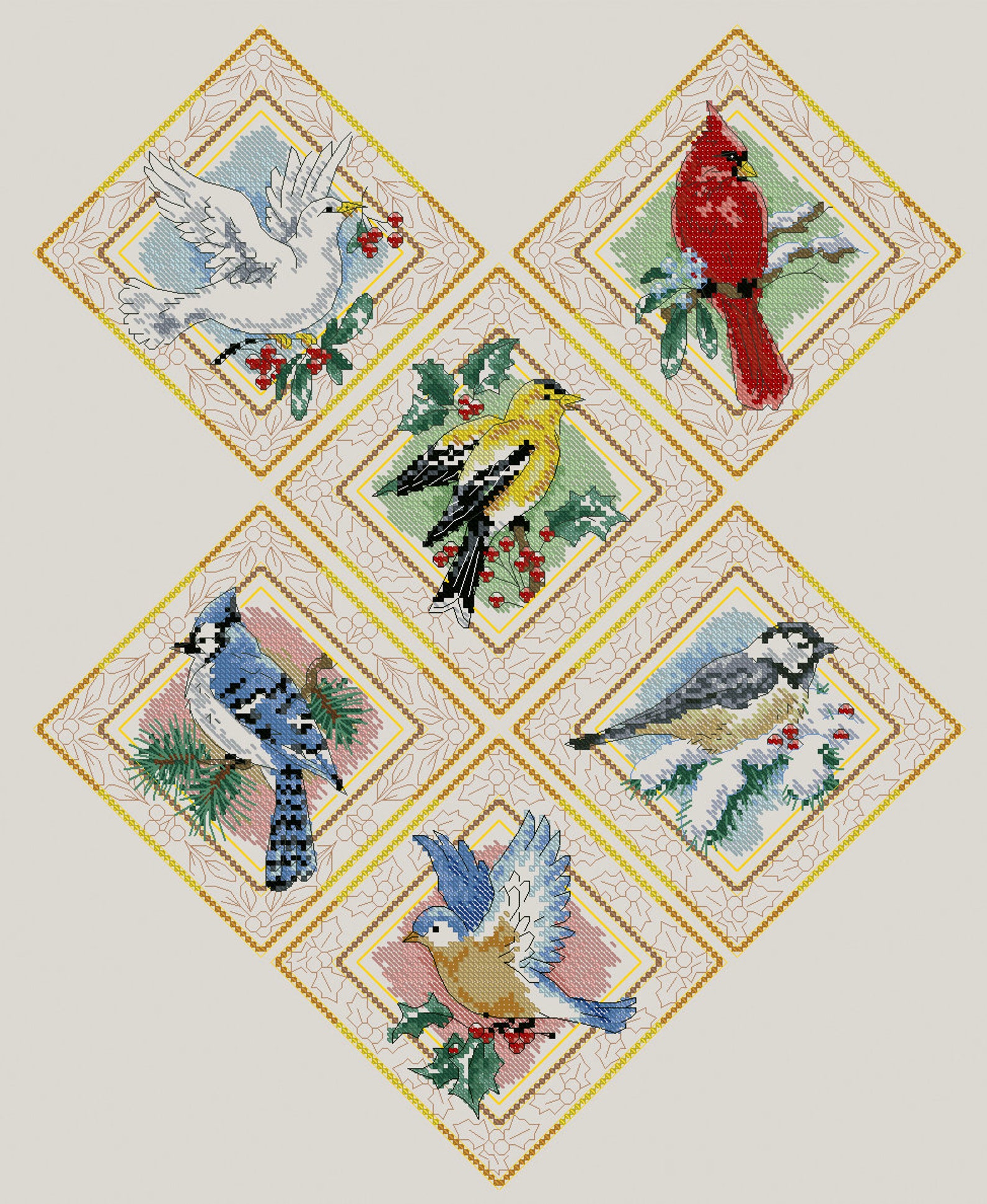 Christmas Birds Cross Stitch Pattern Colorful Art DIY X-stitch Chart ...