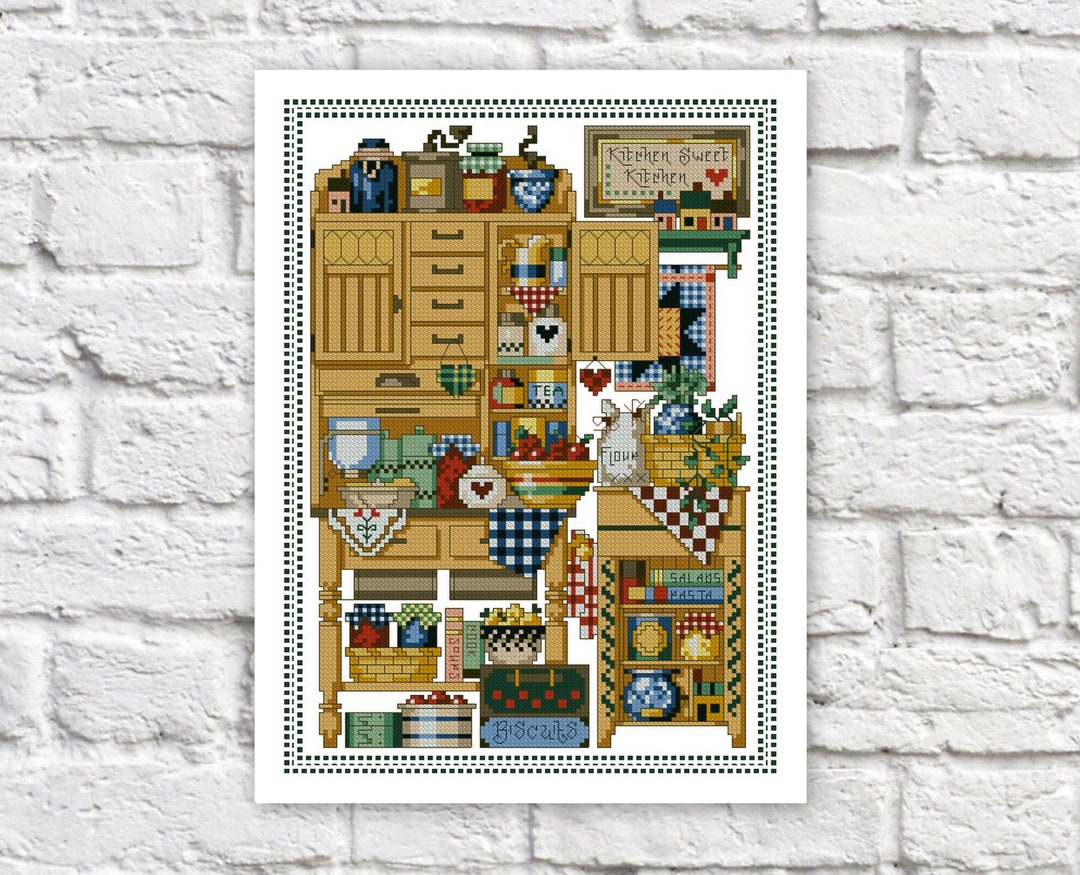 Kitchen Cross Stitch Pattern Cabinets Colorful Art DIY X-stitch ...