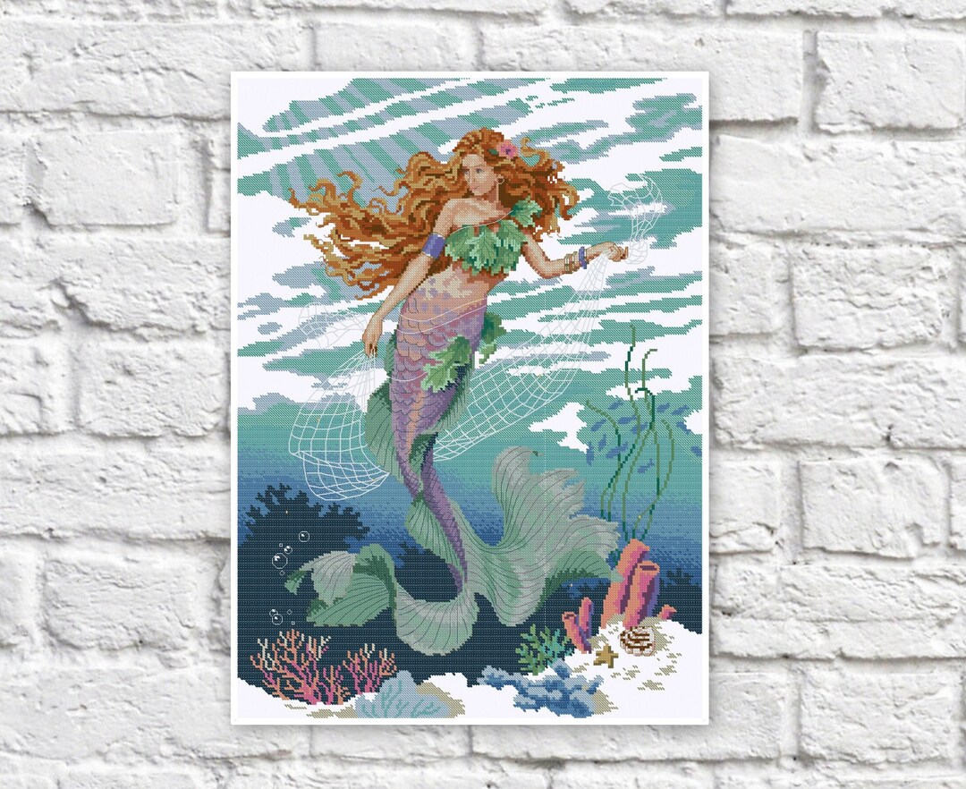 Mermaid Cross Stitch Pattern Sea Colorful Art DIY X-stitch Chart ...