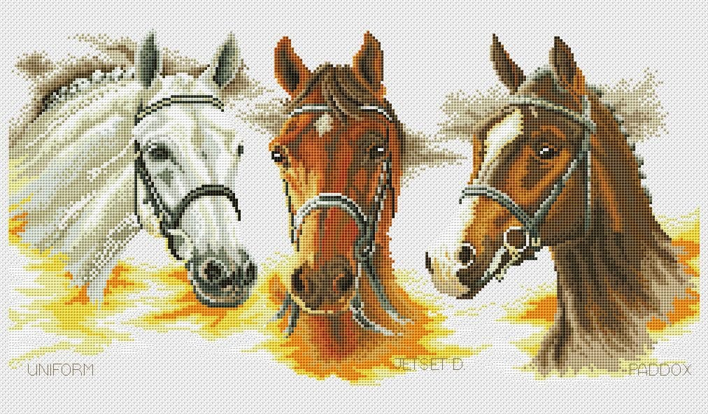 Three Horses Cross Stitch Pattern Living Room Colorful | Etsy