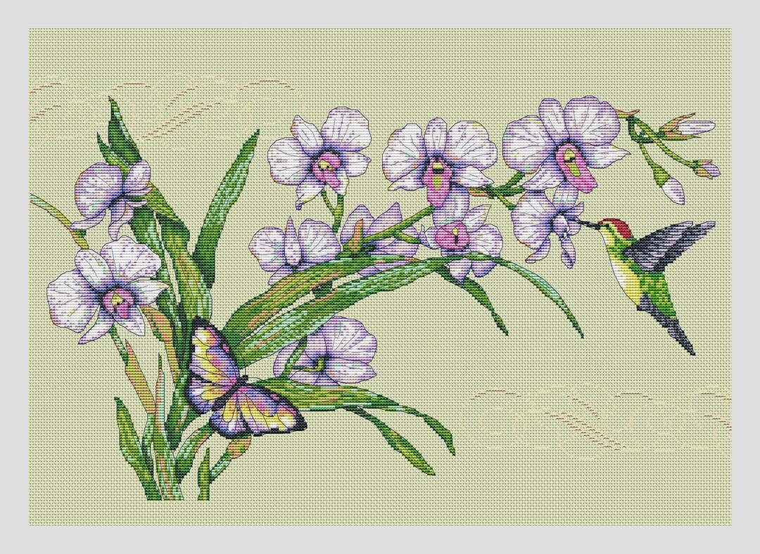 Hummingbird Cross Stitch Pattern Flowers Colorful Art DIY X-stitch ...