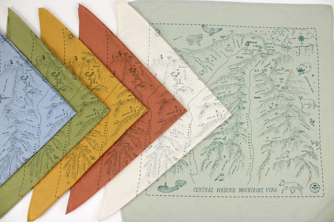 Bandana- Map of the Central Wasatch, Cotton, Hand-dyed Screenprinted ...