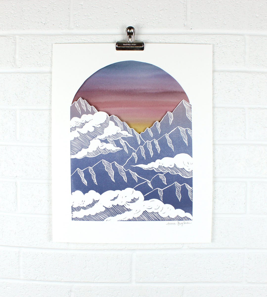 Dawn Patrol Linocut Print, Mountain Sunrise Sunset, Collage With Hand ...