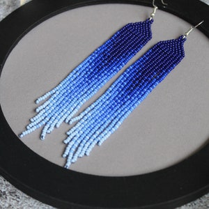 Blue Beaded Earrings Fringe Gradient Earrings Seed Bead Earrings ...