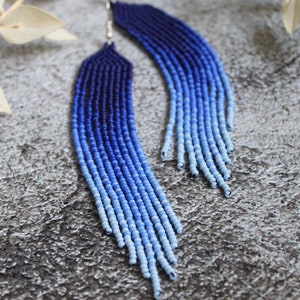 Blue Beaded Earrings Fringe Gradient Earrings Seed Bead Earrings ...