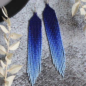 Blue Beaded Earrings Fringe Gradient Earrings Seed Bead Earrings ...