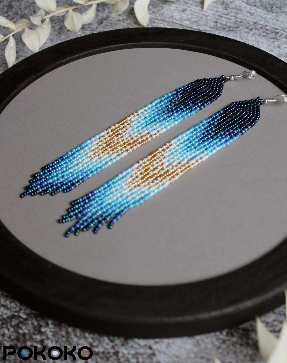 Blue Gold Seed Bead Earrings Evening Shining Earrings Blue - Etsy