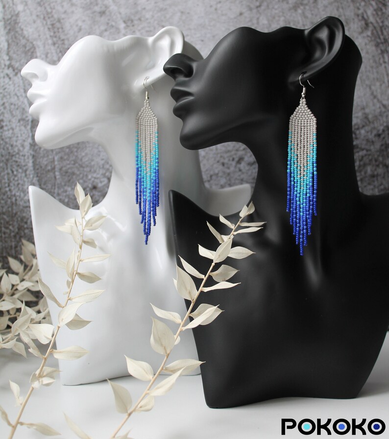 Gray Blue Beaded Earrings Bright Colorful Earrings Dangle - Etsy