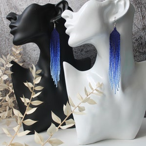 Blue Beaded Earrings Fringe Gradient Earrings Seed Bead Earrings ...