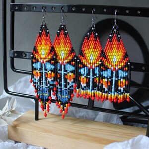 Fire Floral Beaded Earrings Fiery Earrings Dangle Fringe Earrings Seed ...