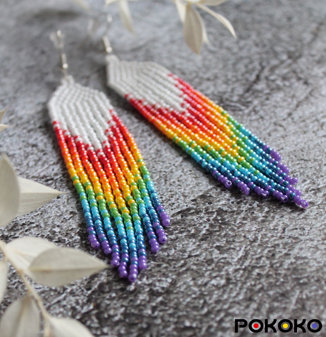 Rainbow Beaded Earrings Gradient Dangle Earrings Fringe Earrings Seed ...