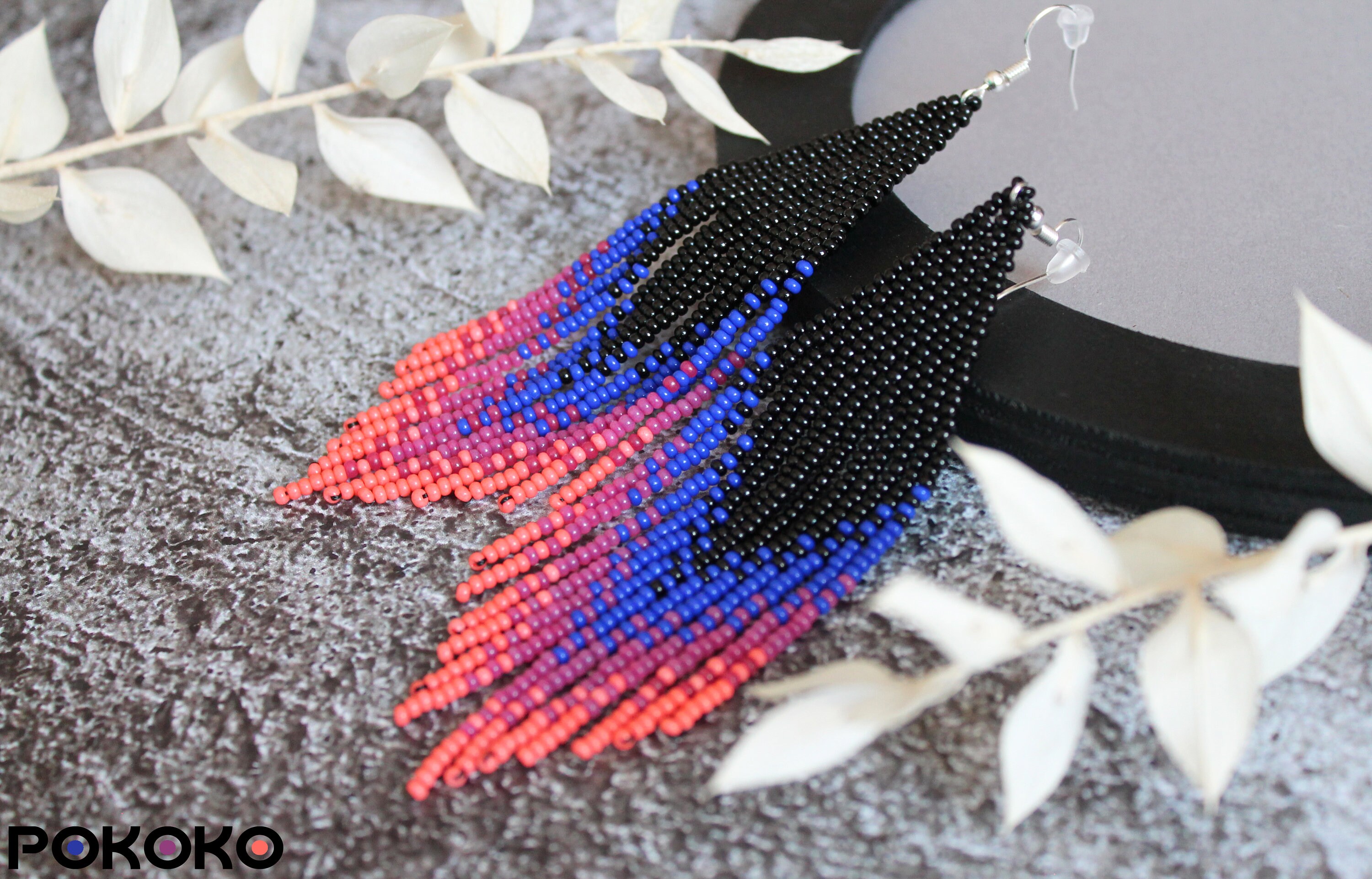 Black Bright Colorful Beaded Earrings Gradient Dangle Earrings | Etsy