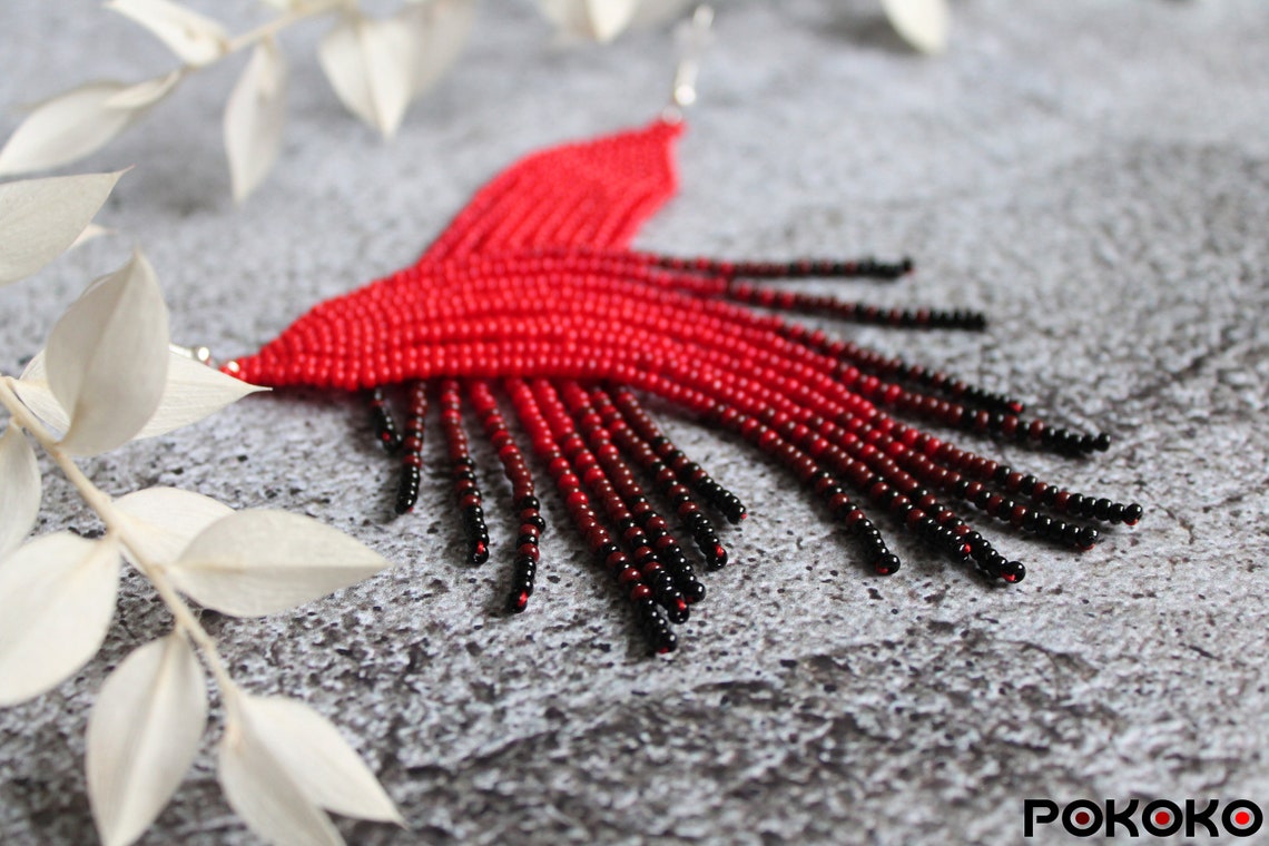 Red Beaded Earrings Fringe Gradient Earrings Seed Bead | Etsy