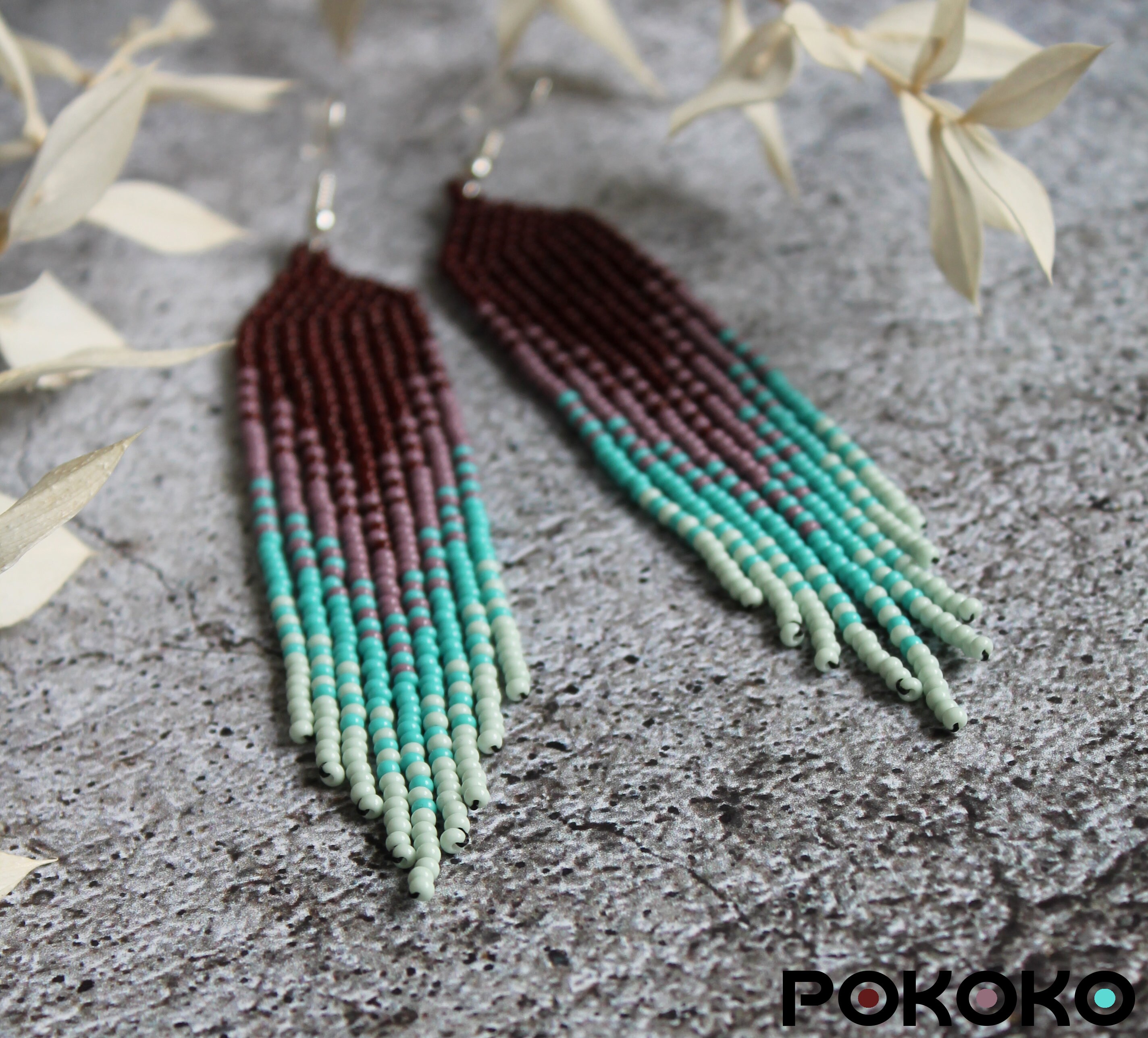 Brown turquoise beaded earrings Fringe earrings Ombre boho | Etsy
