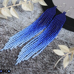 Blue Beaded Earrings Fringe Gradient Earrings Seed Bead Earrings ...