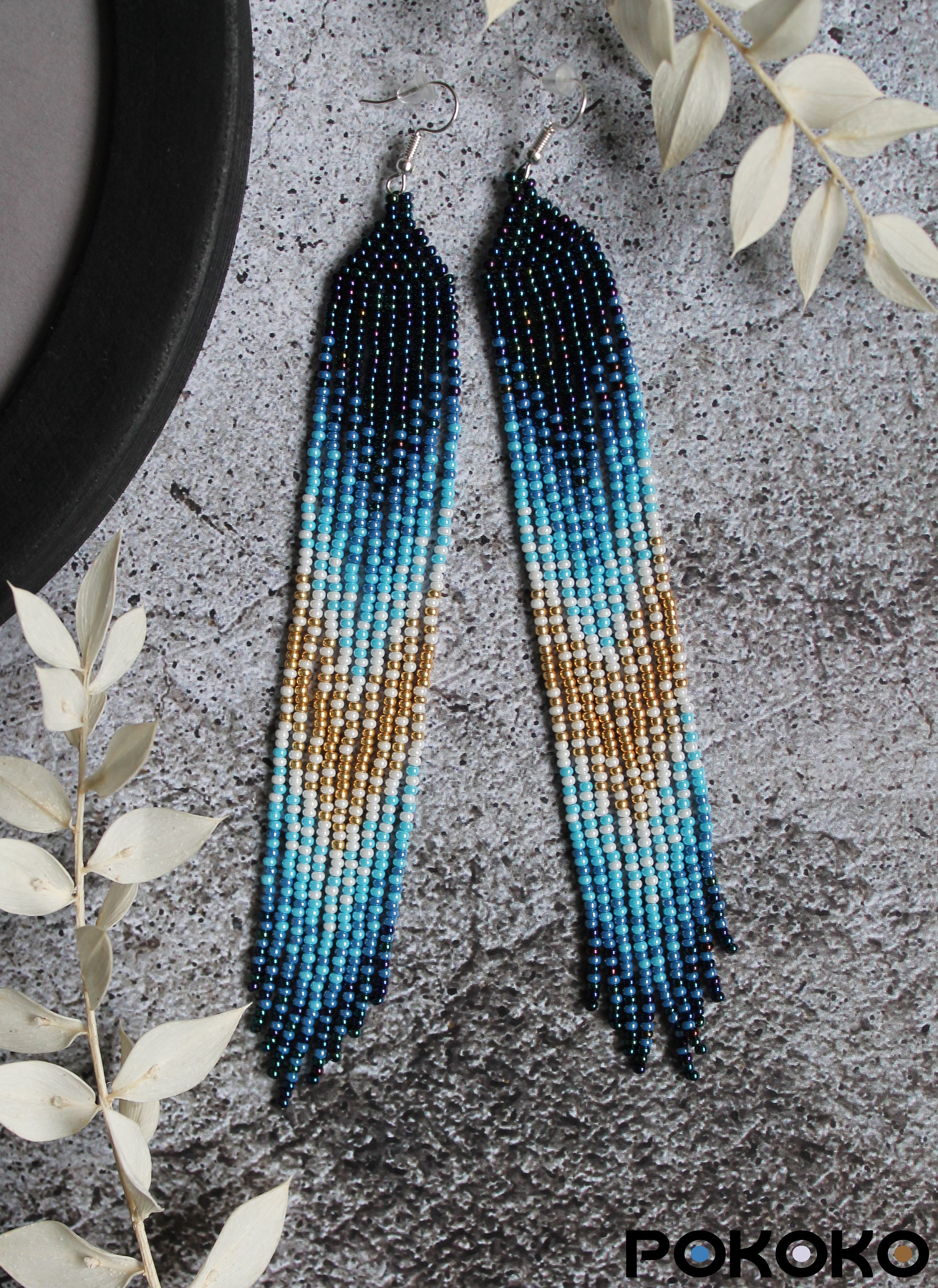 Blue gold seed bead earrings Evening shining earrings Blue | Etsy