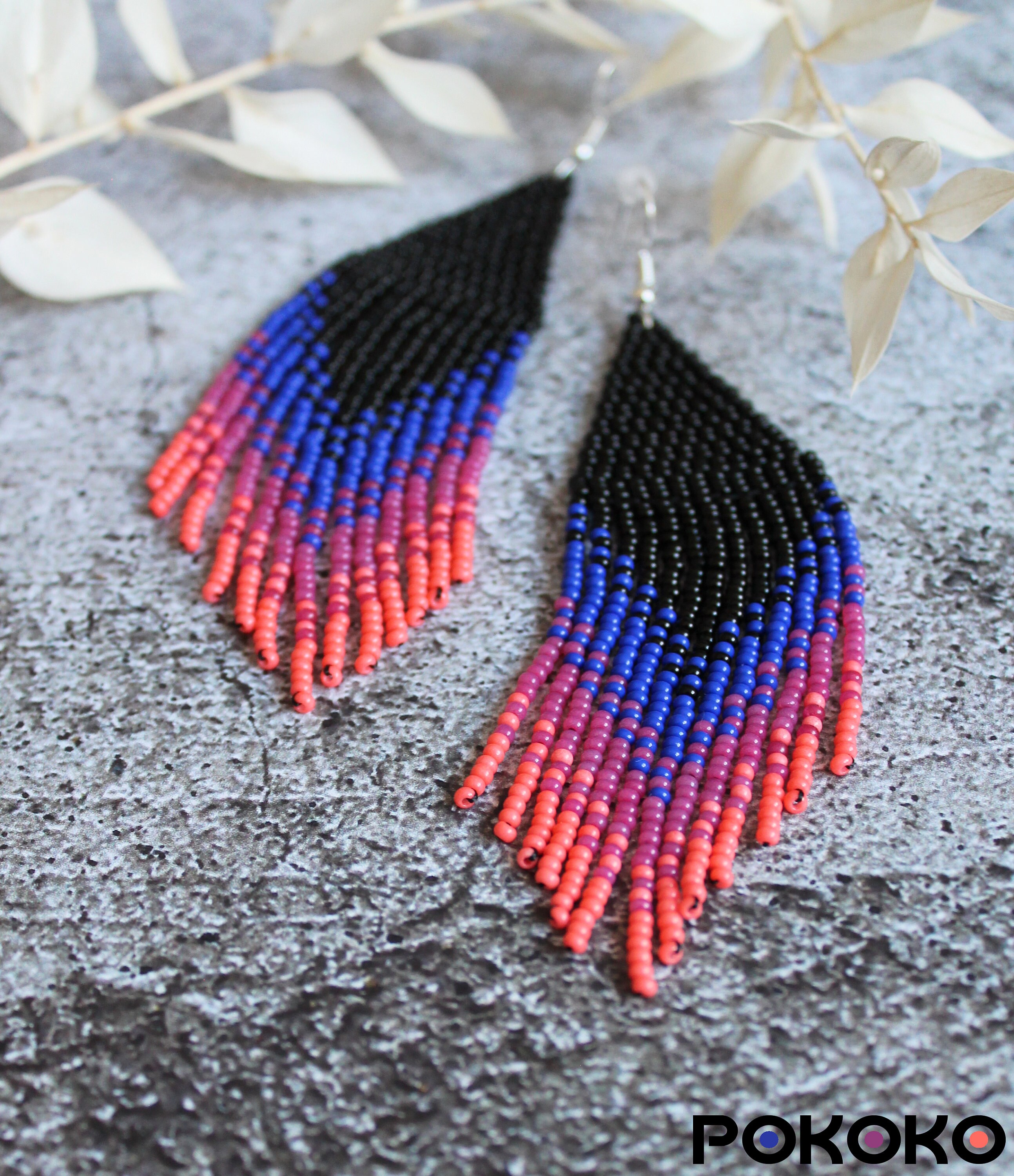 Black Bright Colorful Beaded Earrings Gradient Dangle Earrings | Etsy