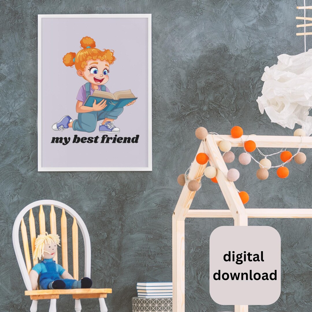 My Best Friend" – Little Girl Reading Book | Digital Wall Art | Book ...
