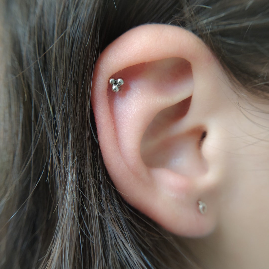 16g Triple Ball Ear Piercing- Flat Back Labret Earring- Silver Gold ...