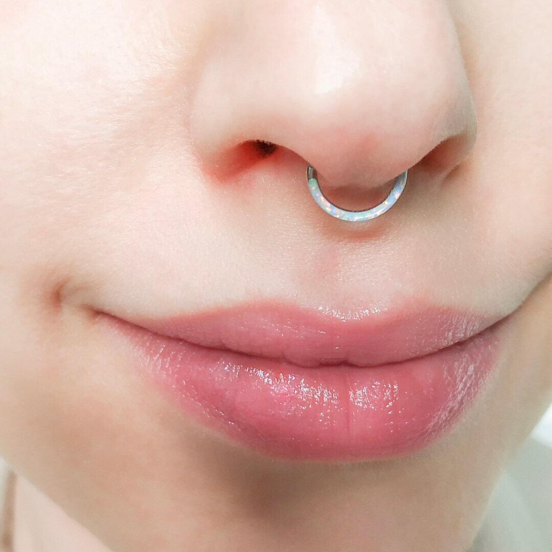 White Opal Septum Hoop, Hinged Opal Nose Ring, Hinged Septum Ring White ...