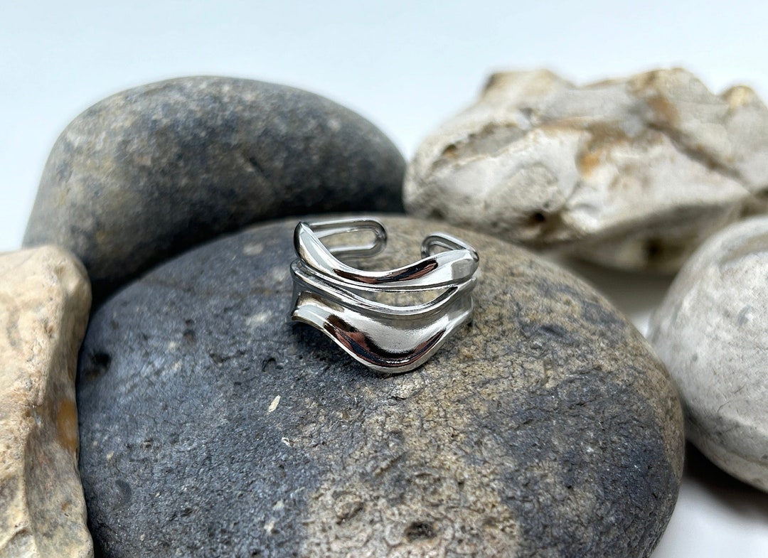 Stainless Steel Ring, Chunky Thick Ring, Wave Ring, Silver Ring, Statement Ring, Multi Layer ...