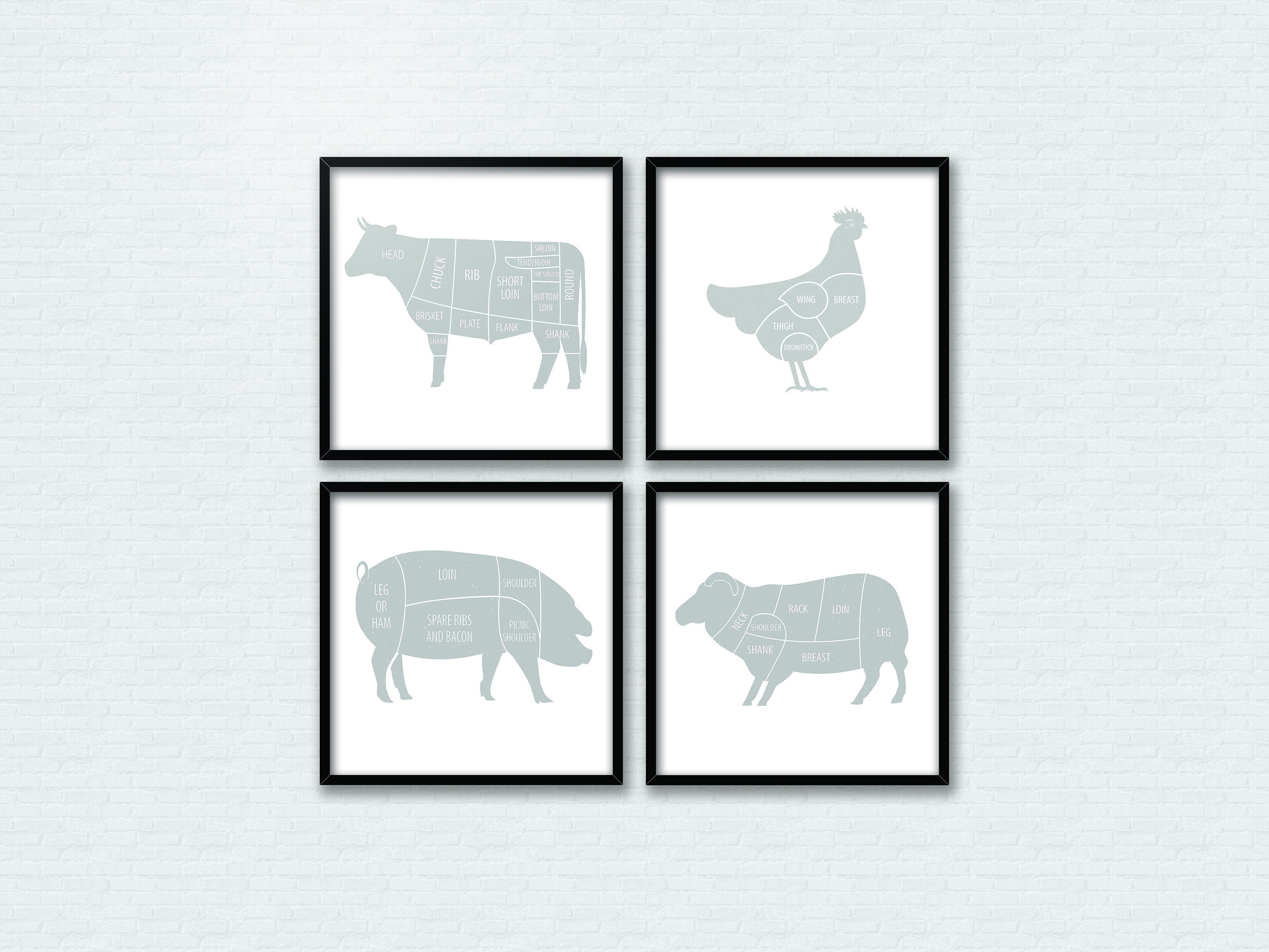 Butcher Prints Set of 4 Butchers Prints Meat Cuts Kitchen - Etsy
