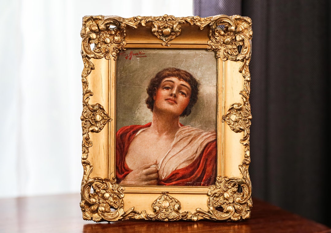 Elegant Classical Art Portrait Woman Antique Oil Painting in Ornate ...
