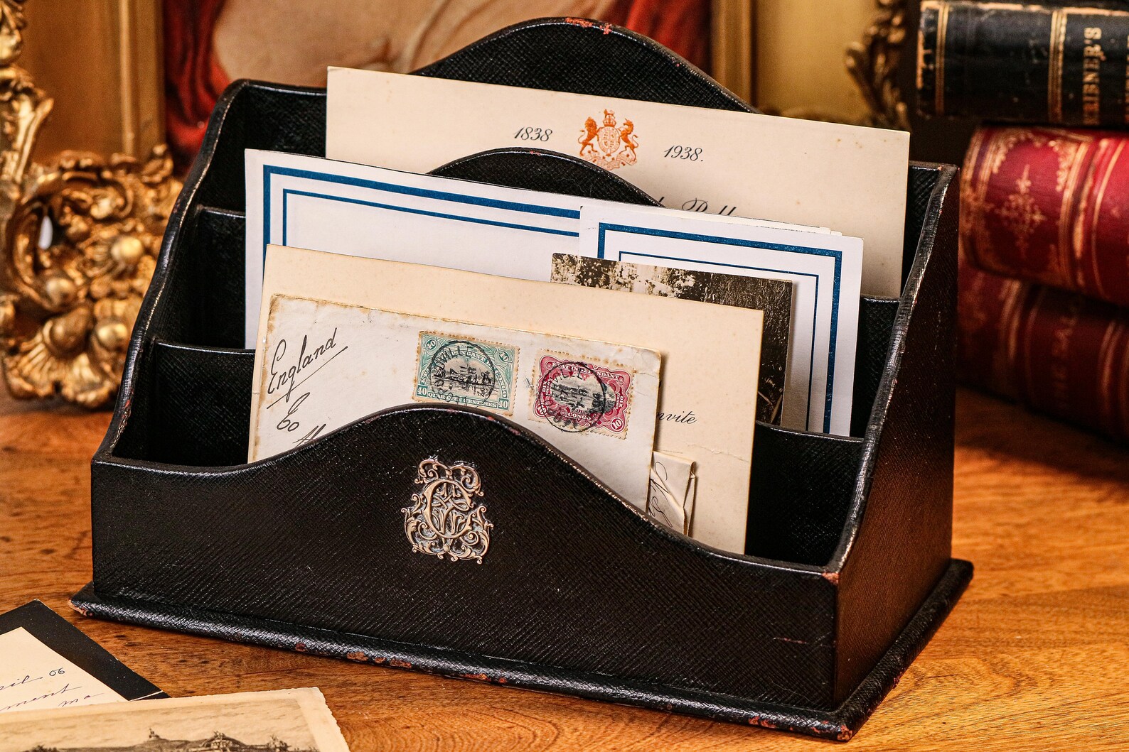 Wonderful Large Antique French Leather Sterling Silver Desk Letter Rack ...