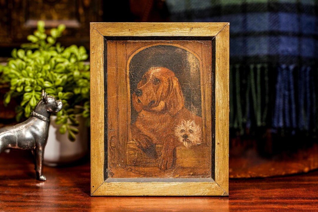 Heartwarming Rustic Dog House Scene Framed Antique Animal Portrait Oil ...