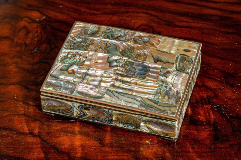 Luminous Vintage Mid Century Abalone Shell Brass Jewelry Trinket Box ...