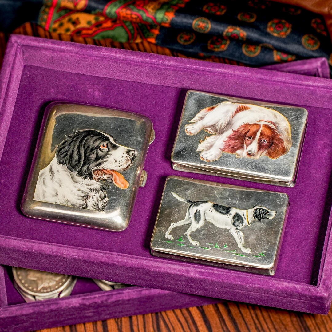 Collection of Antique Silver Hand Painted Enamel Box Cases Dog ...