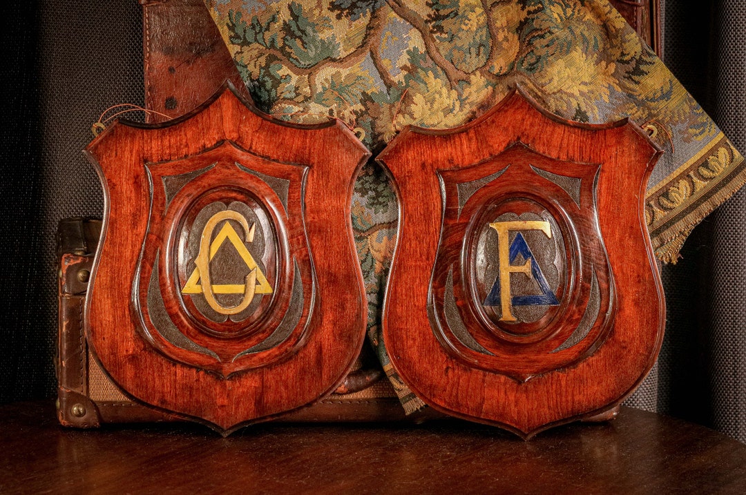 Rare Pair of Hand Carved Wood Antique Victorian Fraternal Shield Wall ...
