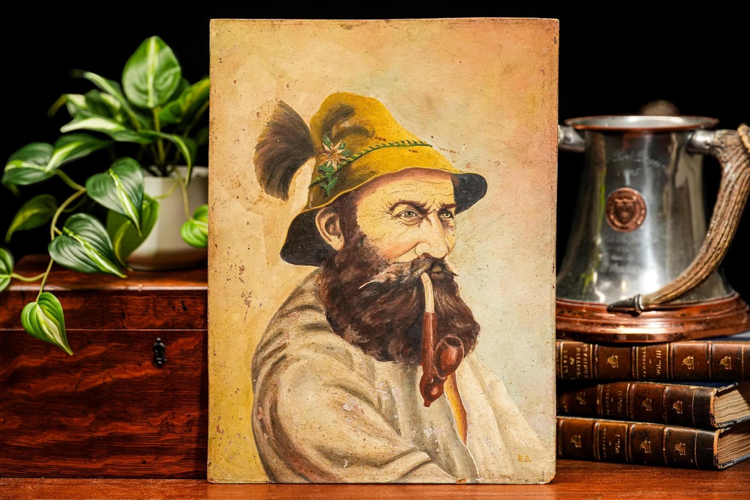 Rustic Tyrolean Man With Beard Smoking Pipe Antique Oil Portrait ...