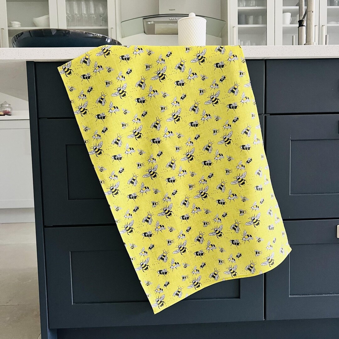 Linen Buzzy Bee Yellow Tea Towel, Bee Design, Bright Linen T-towel ...