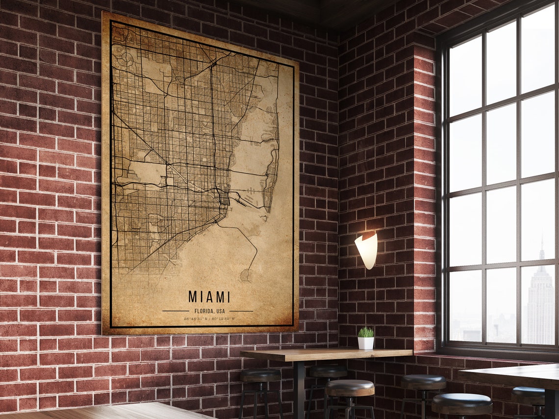 Miami Vintage Map Poster Miami Old Map Grunge Miami Map | Etsy