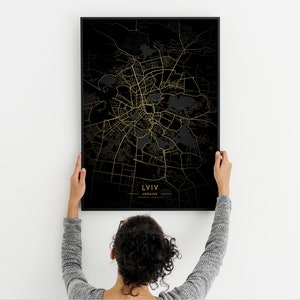 Lviv Gold Map Poster, Lviv Black Gold Map Art, Lviv City Map Poster ...