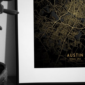 Austin Gold Map Poster, Austin Black Gold Map Art, Austin City Map ...