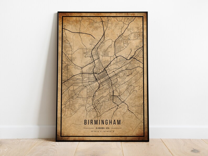 Birmingham Vintage Map Poster Birmingham Old Map Grunge | Etsy