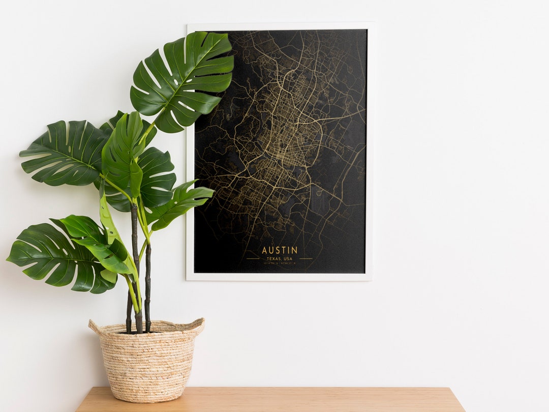 Austin Gold Map Poster, Austin Black Gold Map Art, Austin City Map ...