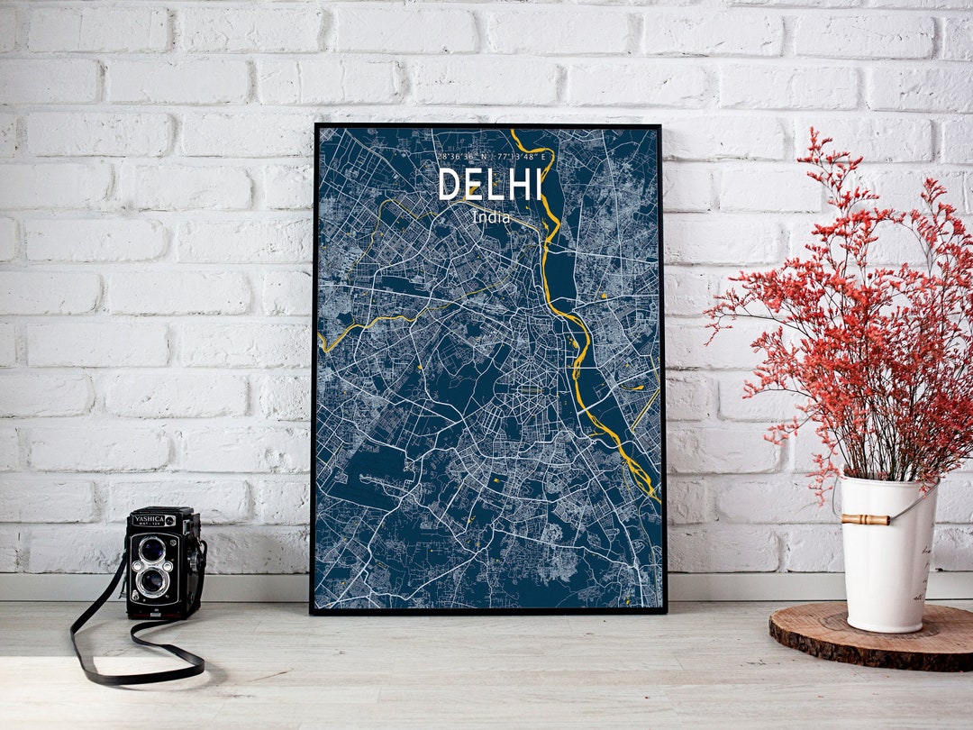 Delhi Blue Map Poster, Delhi City Modern Map Print, Delhi City Sign ...