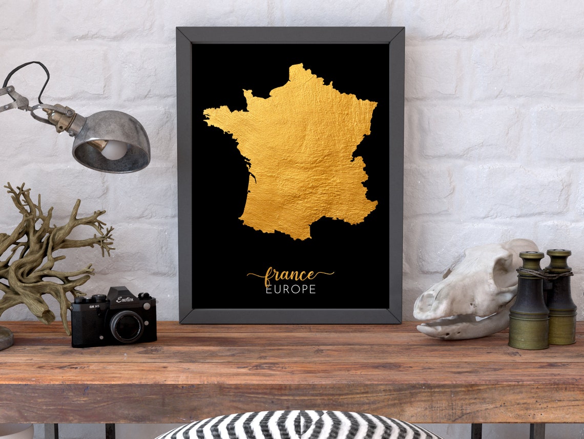 France Gold Map Poster, France Gold Black Map, Contemporary Wall Art ...