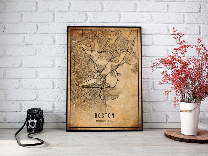 Boston Vintage Map Poster Boston Old Map Grunge Boston Map - Etsy