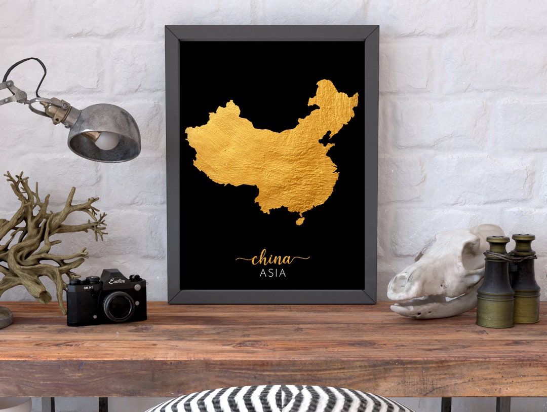 China Gold Map Poster, China Gold Black Map, Contemporary Wall Art ...