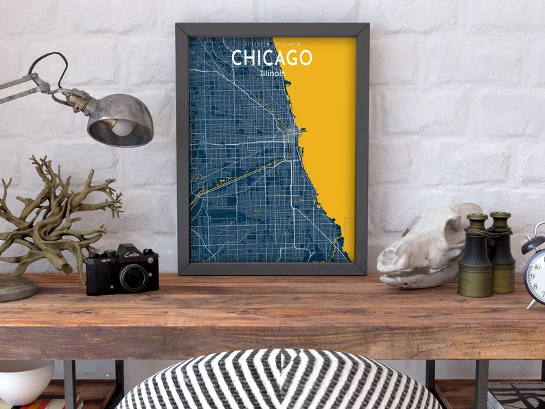 Chicago Blue Map Poster Chicago City Blue Map Poster Chicago | Etsy